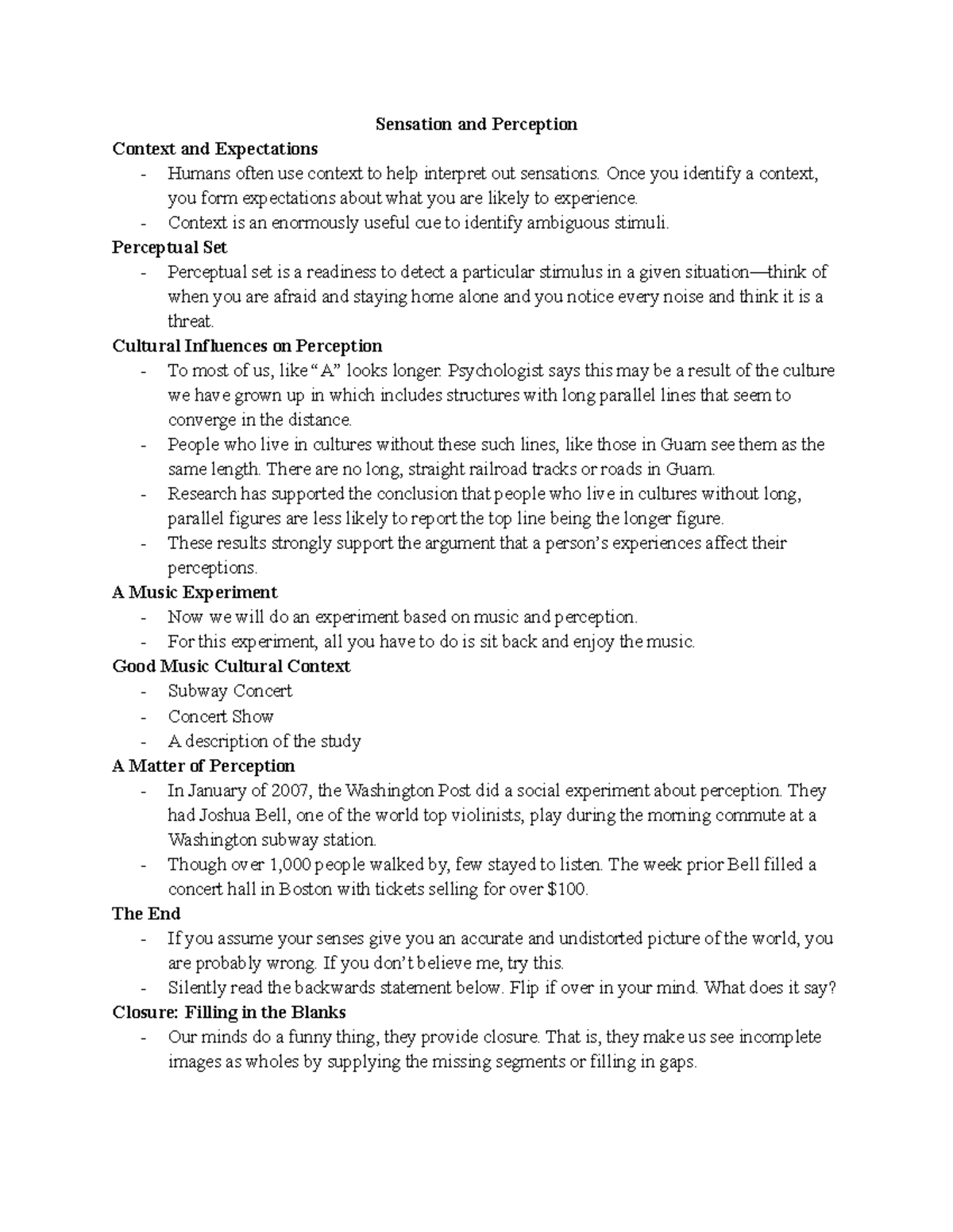 Chap 4.9 notes - Sensation and Perception Context and Expectations ...