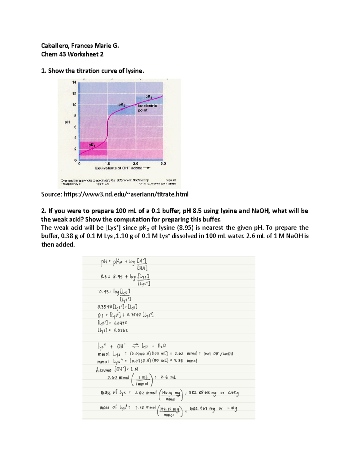 Chem43 WS2-Caballero - Worksheet + answers on titration and buffer ...