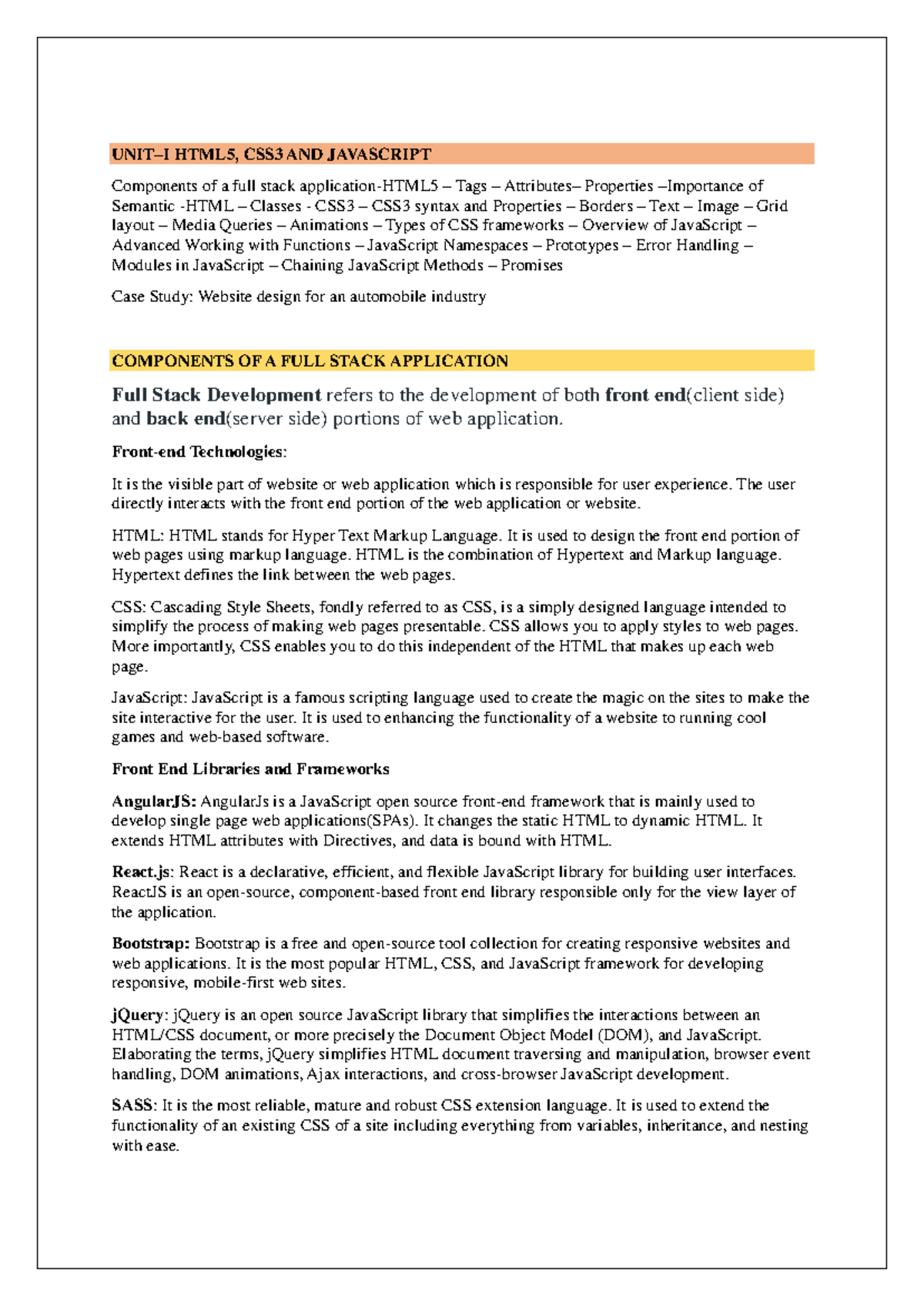 Unit 1-Components of Full Stack - UNIT–I HTML5, CSS3 AND JAVASCRIPT Components of a full stack ...