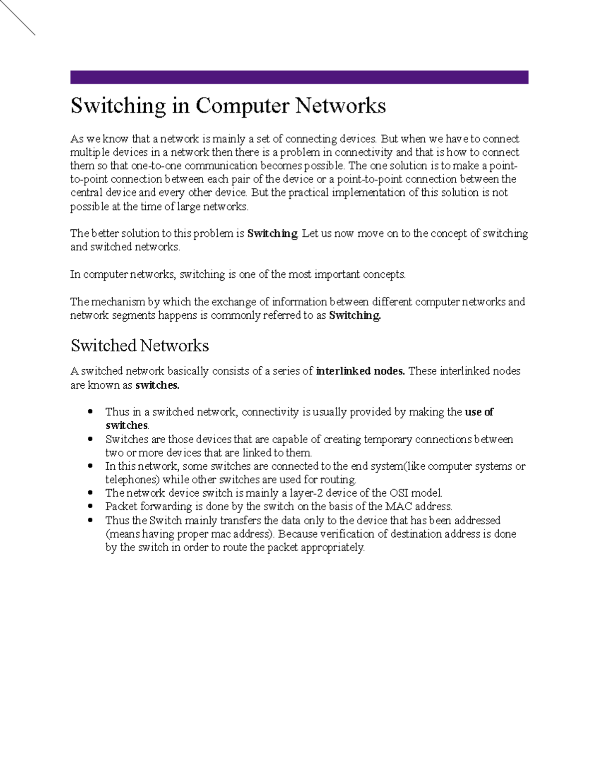 Unit 4 switching - Switching in Computer Networks As we know that a ...