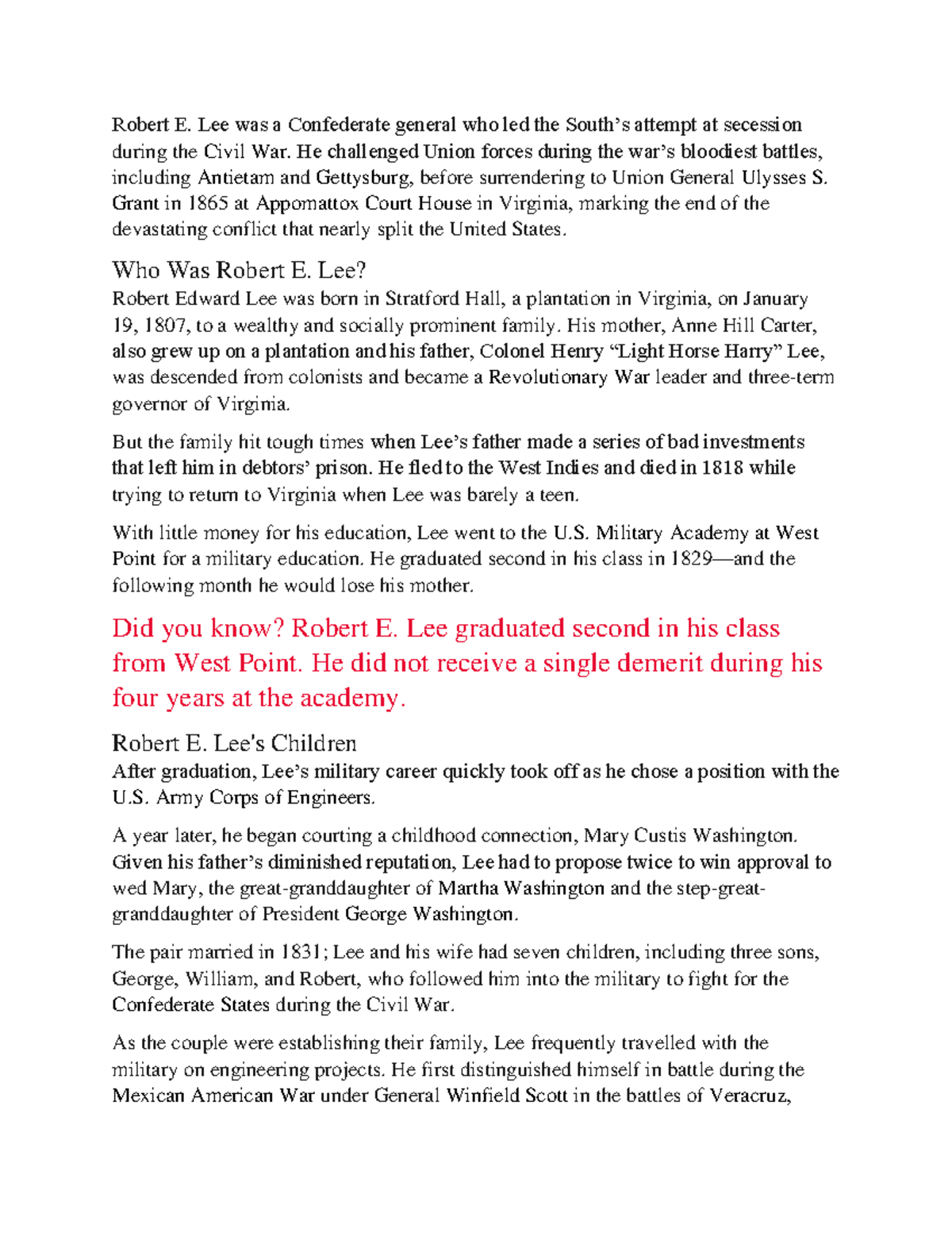 Robert E. Lee Notes - Robert E. Lee was a Confederate general who led ...