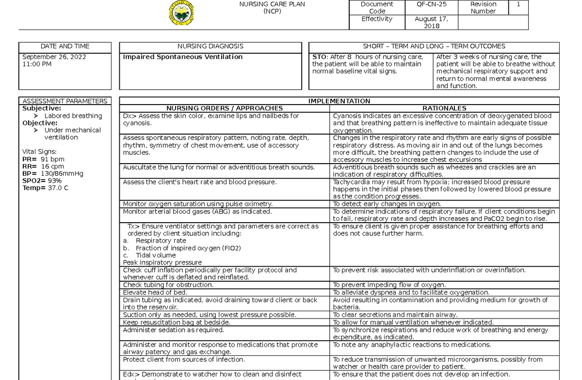 Impaired Spontaneous Ventilation - After 3 weeks of nursing care, the ...