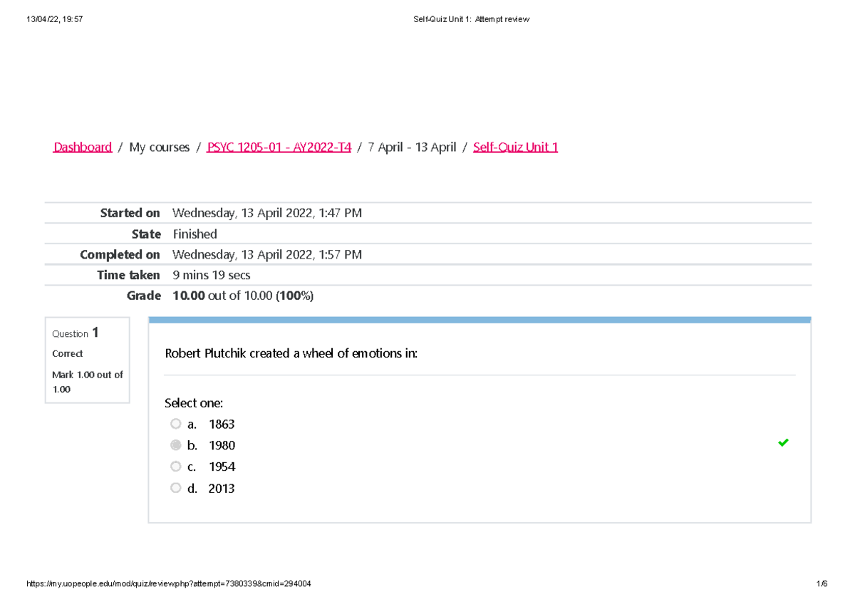 Self Quiz Unit 1 Attempt Review Question 1 Correct Mark 1 Out Of 1 Started On Wednesday 13