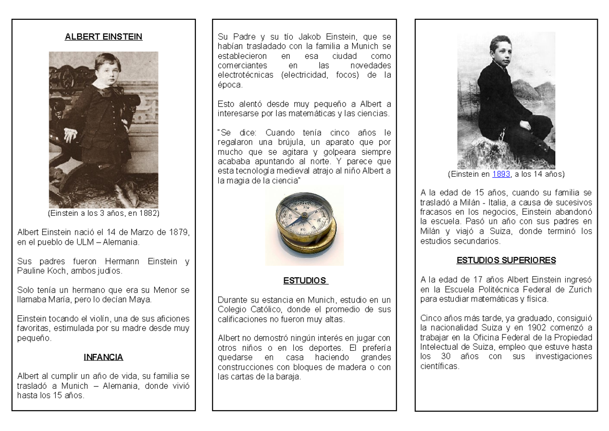 Triptico Albert Einstein - ALBERT EINSTEIN (Einstein a los 3 años, en ...