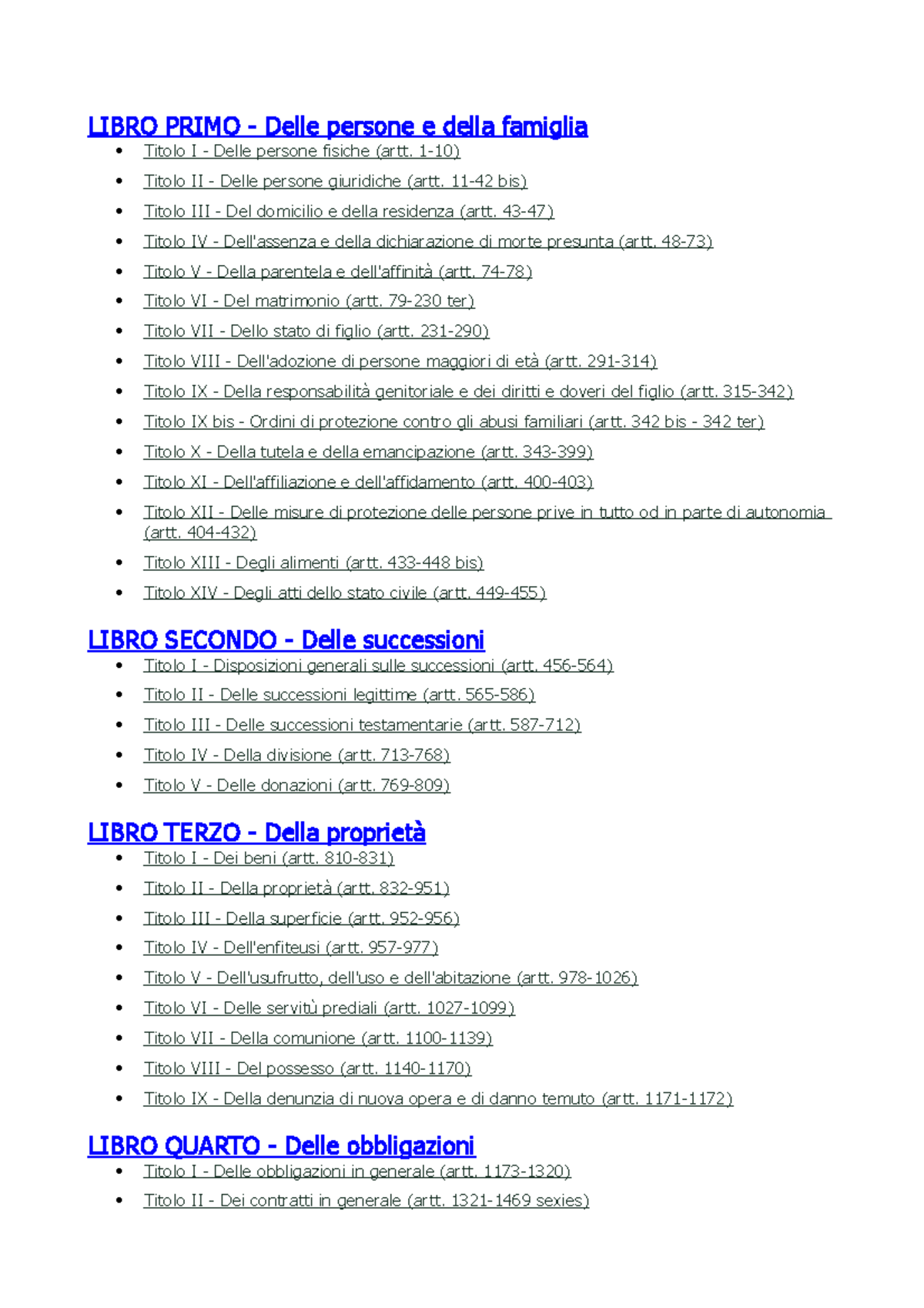 Struttura codice civile - LIBRO PRIMO - Delle persone e della famiglia ...