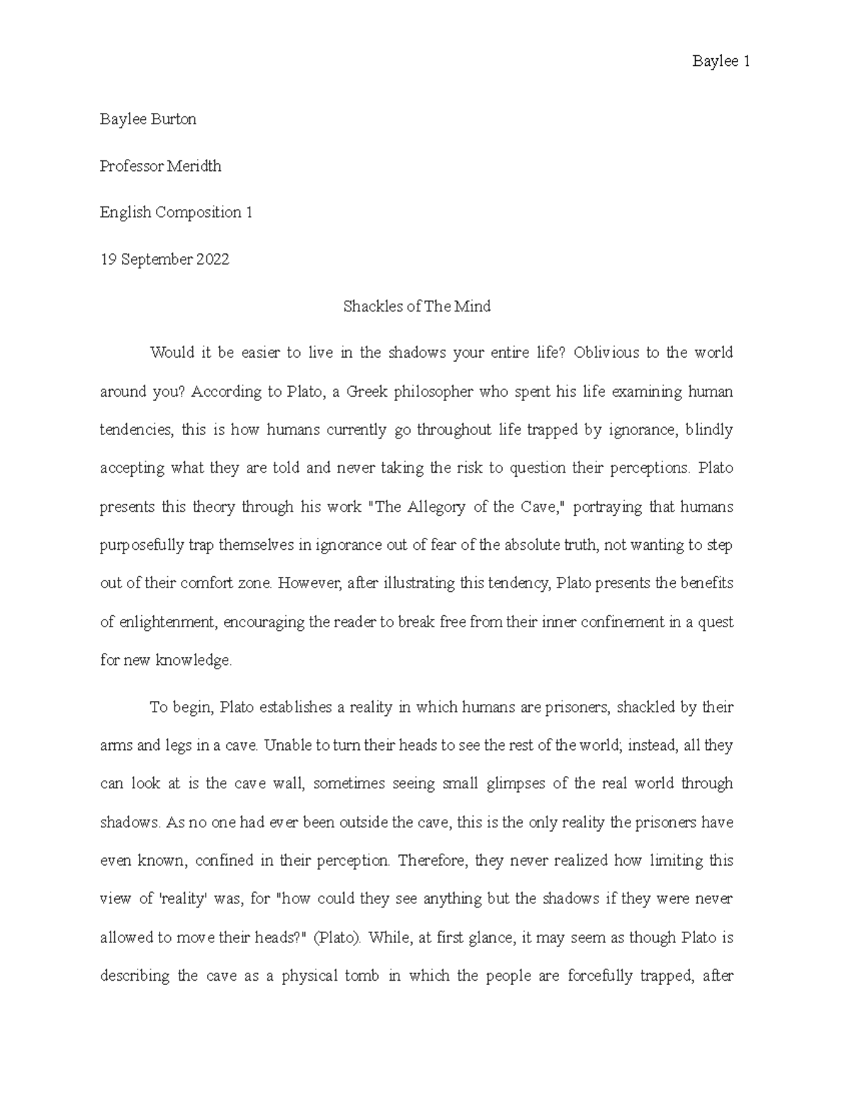 Plato Essay Assighnment - Baylee Burton Professor Meridth English ...