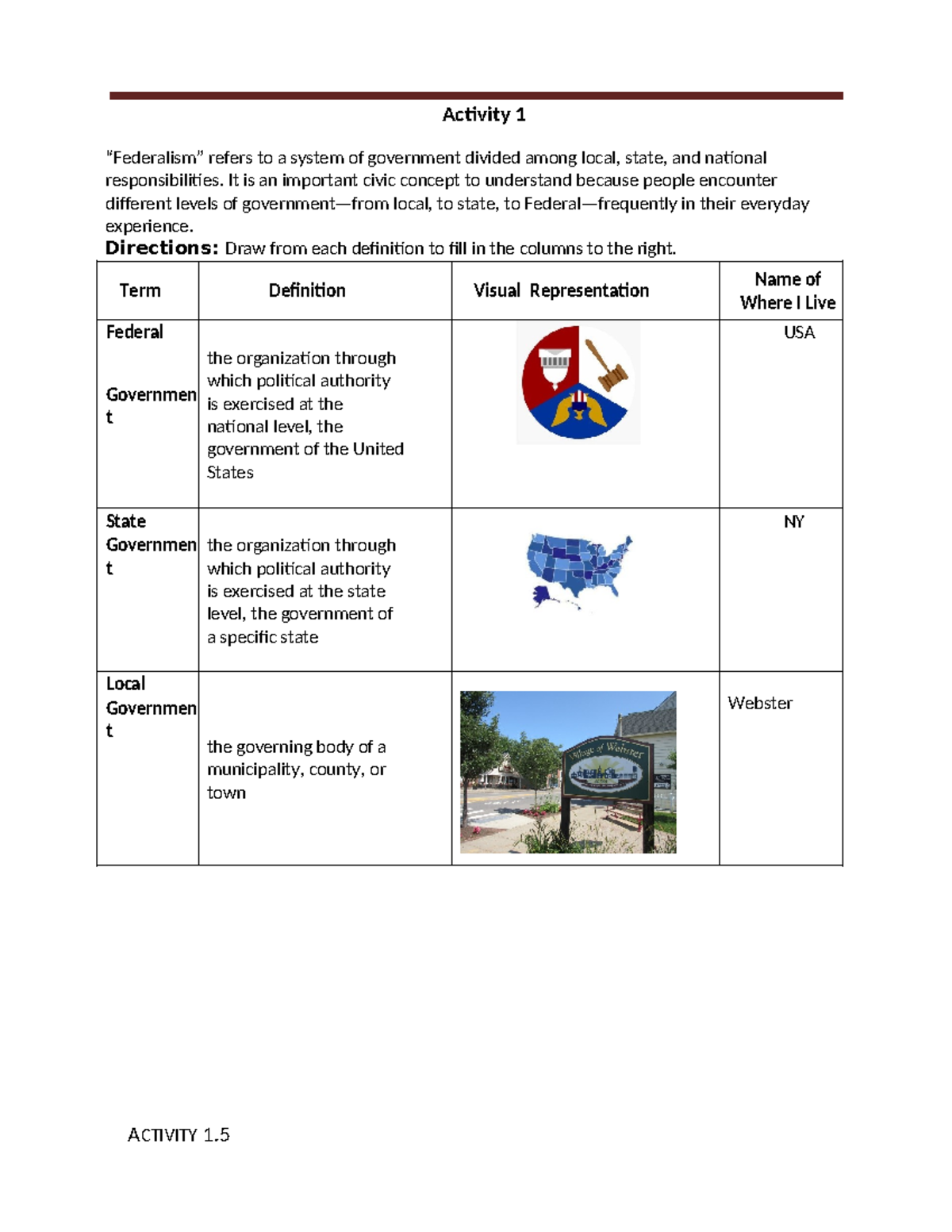 Federalism Activity - Activity 1 “Federalism” refers to a system of ...