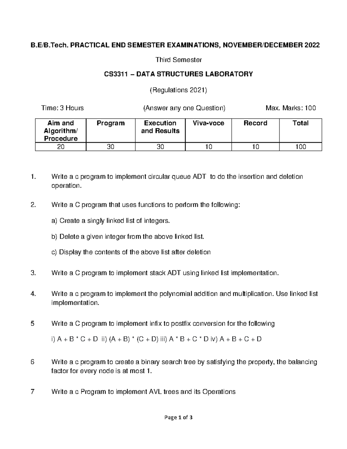 CS3311-SET 1 - Lab - Page 1 of 3 B.E/B. PRACTICAL END SEMESTER EXAMINATIONS, NOVEMBER/DECEMBER ...