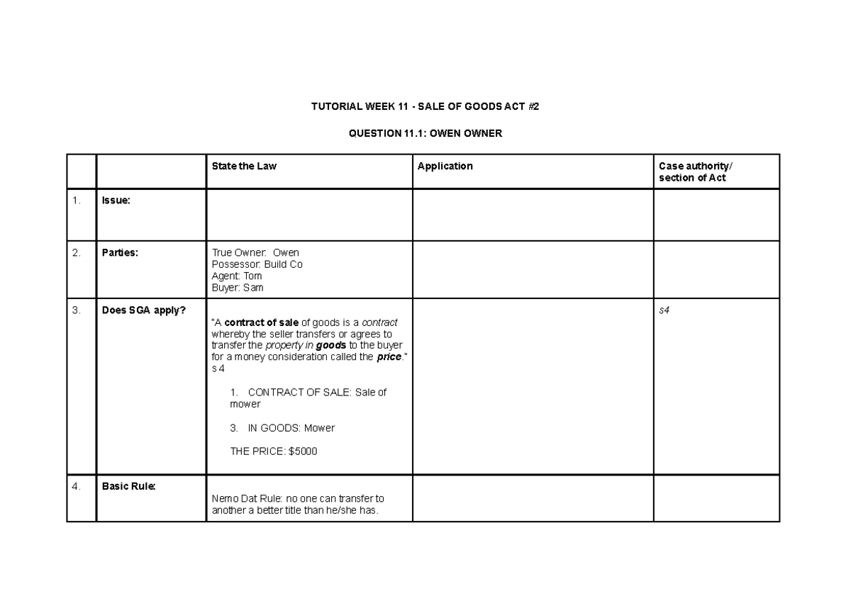 LLB204 - Tutorial WEEK 11 - TUTORIAL WEEK 11 - SALE OF GOODS ACT ...