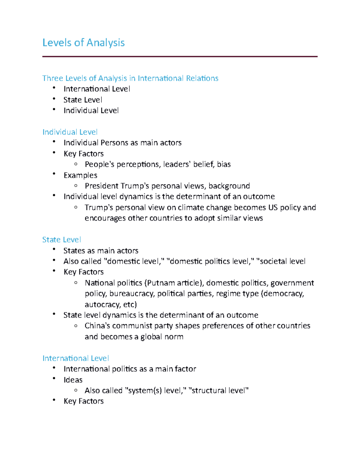 Intro to International Politics- Levels of Analysis - Levels of ...