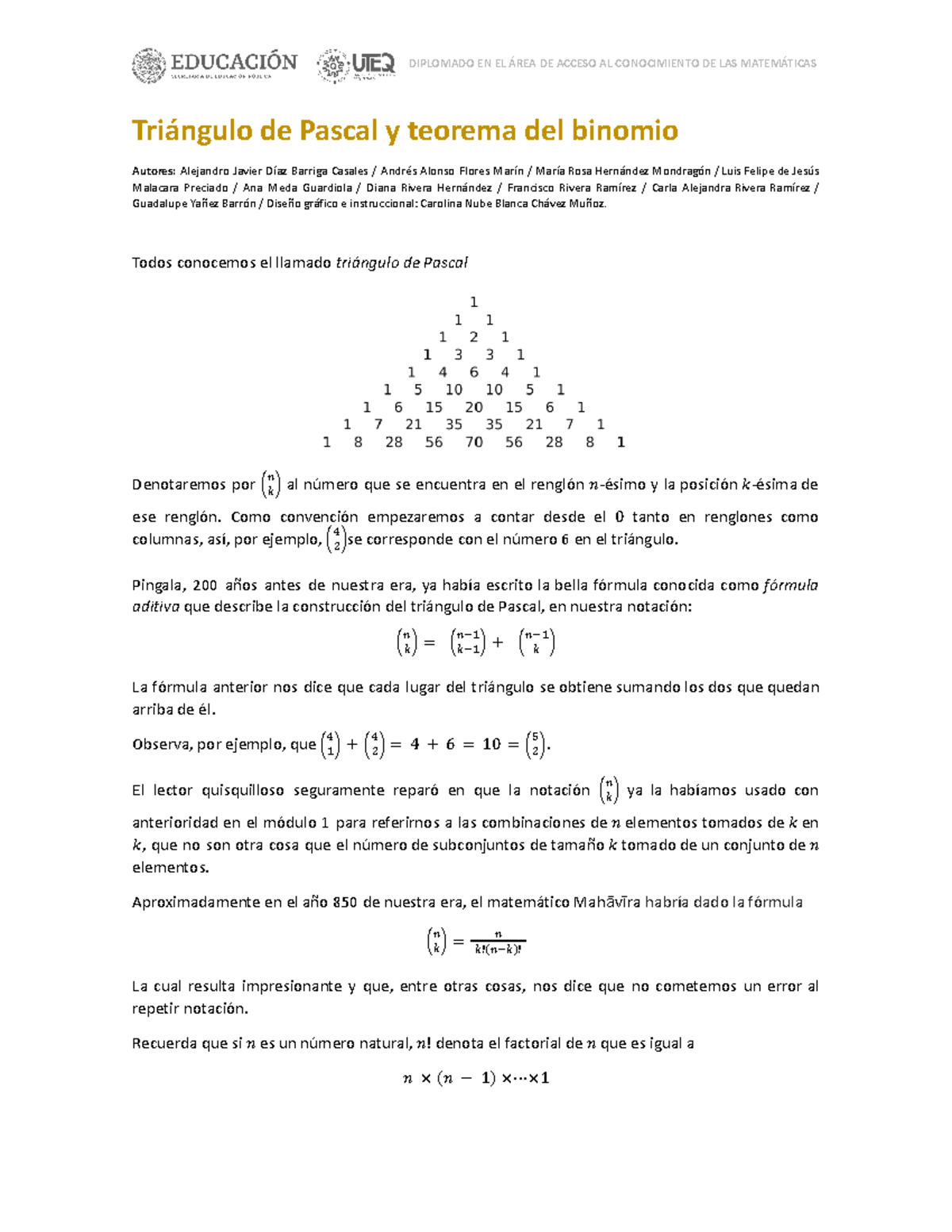 Triángulo de Pascal y teorema del binomio - Triángulo de Pascal y ...