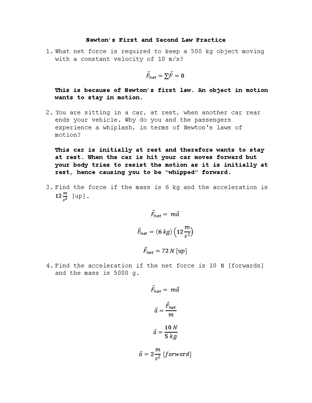 (Answers) Newton's First and Second Law Quiz Review - Copy - Newton’s ...
