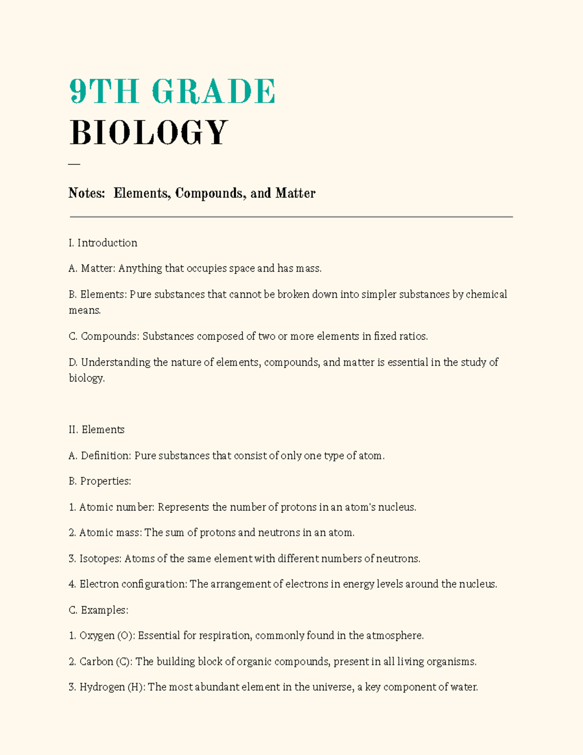 Elements, Compounds, and Matter - Introduction A. Matter: Anything that ...
