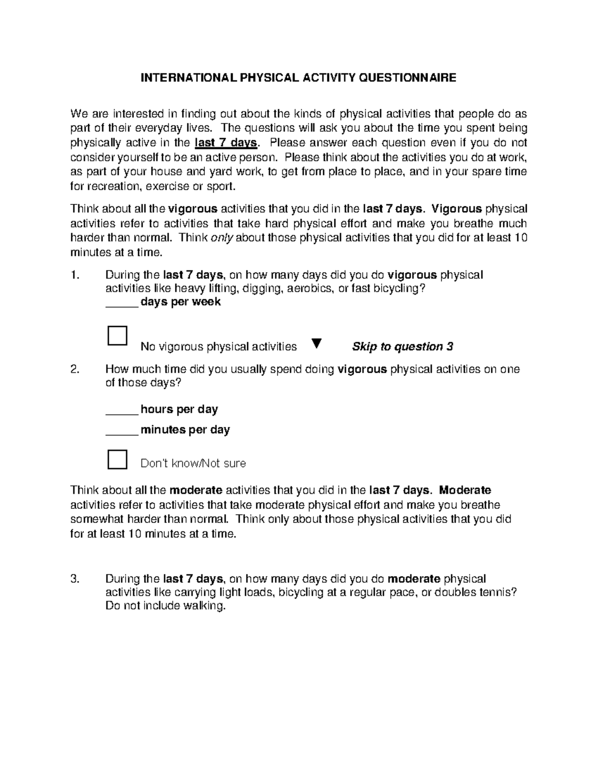 International Physical Activity Questionnaire - INTERNATIONAL PHYSICAL ...