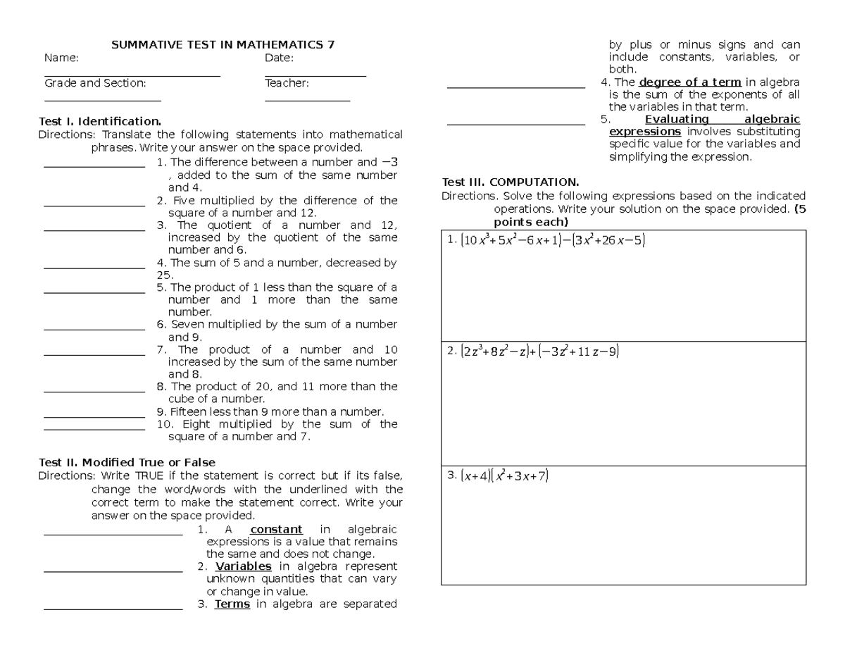 Summative Test in Math 7 (Intro to Algebra and Operations on ...