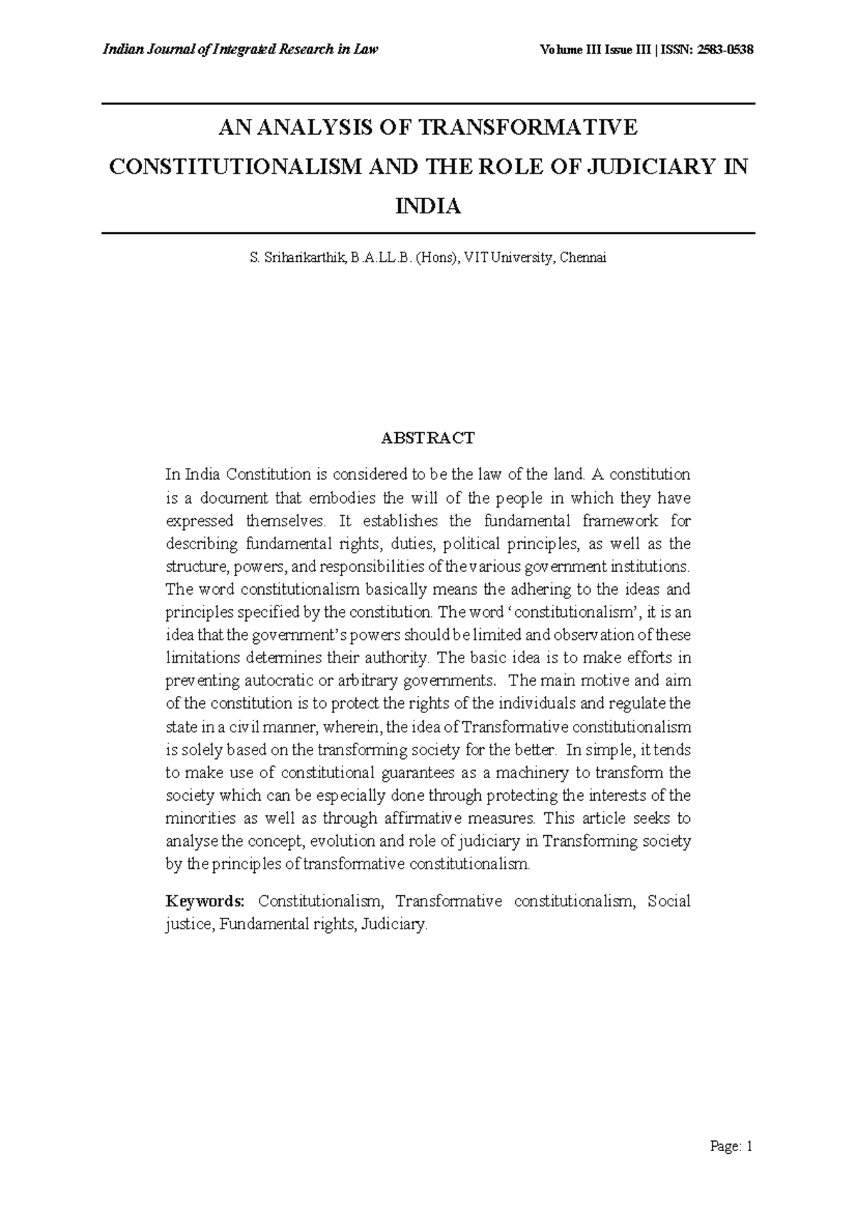 An Analysis Of Transformative Constitutionalism And The Role Of