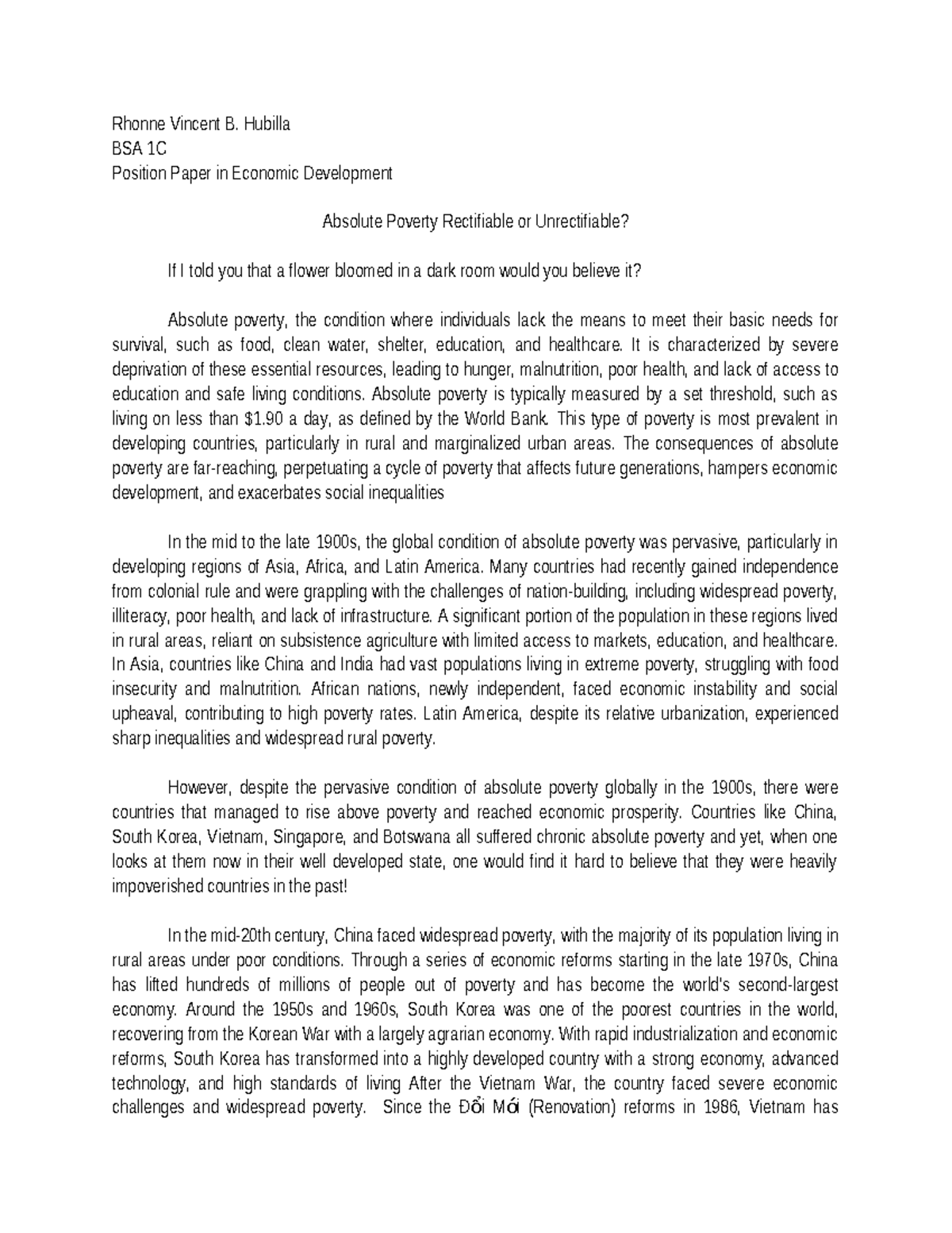 international economics - Rhonne Vincent B. Hubilla BSA 1C Position ...