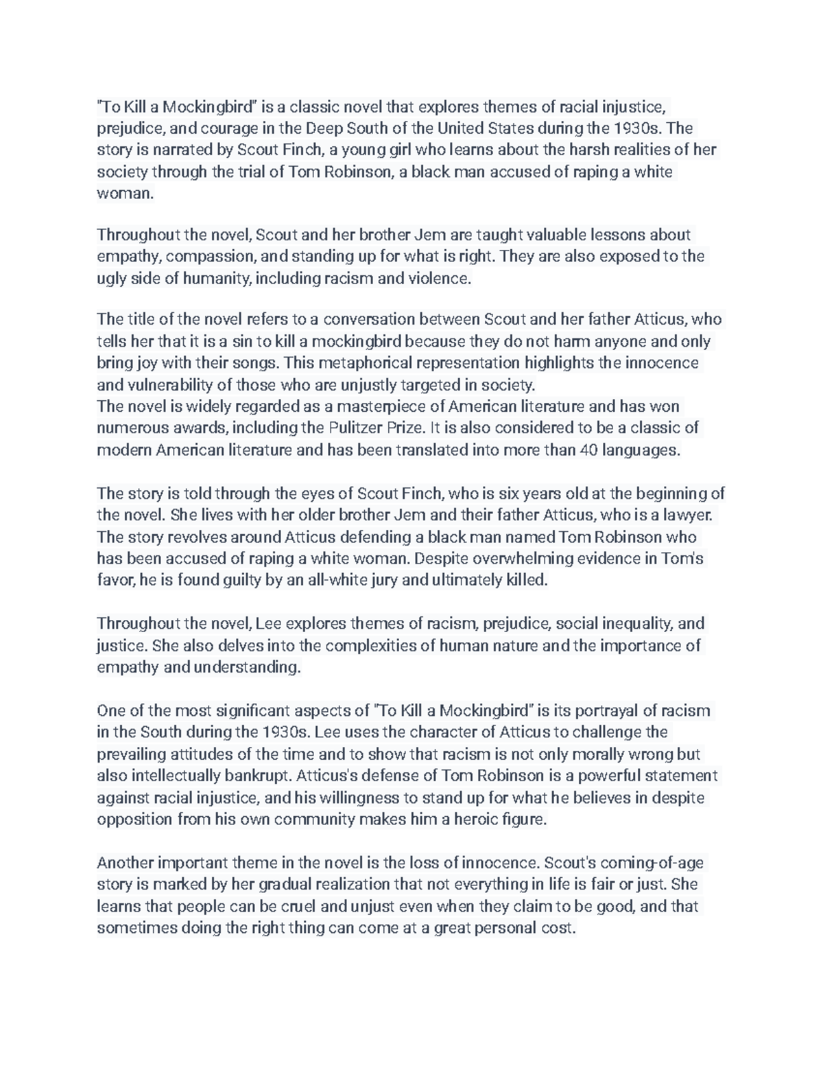 To kill a mocking bird - Basically my ENGL PROF made me write random ...