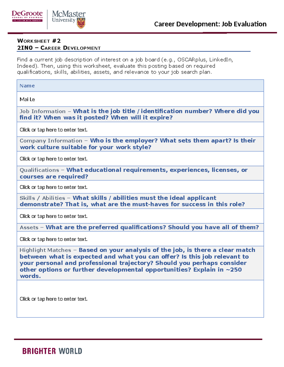 Job Evaluation Worksheet 2 - Career Development: Job Evaluation ...