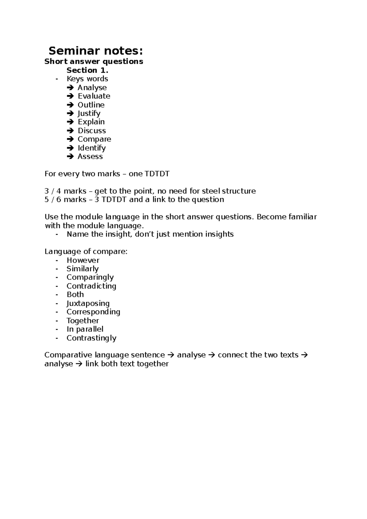 Seminar notes - Seminar notes: Short answer questions Section 1. Keys ...