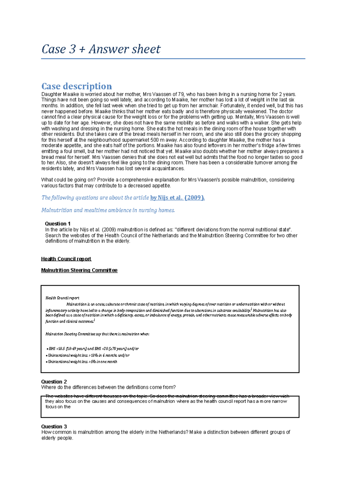 Case 3 answer sheet - Case 3 + Answer sheet Case description Daughter ...