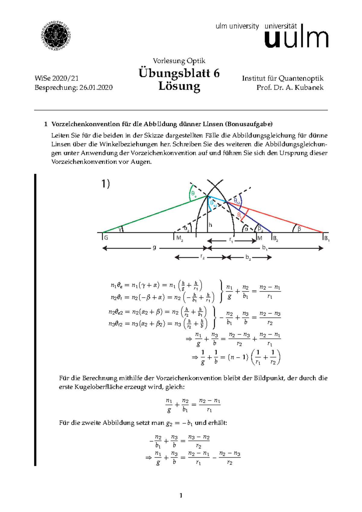 Uebungsblatt 6 Lsg WS20 21 - WiSe 2020/ Besprechung: 26. Vorlesung Optik Übungsblatt 6 Lösung ...