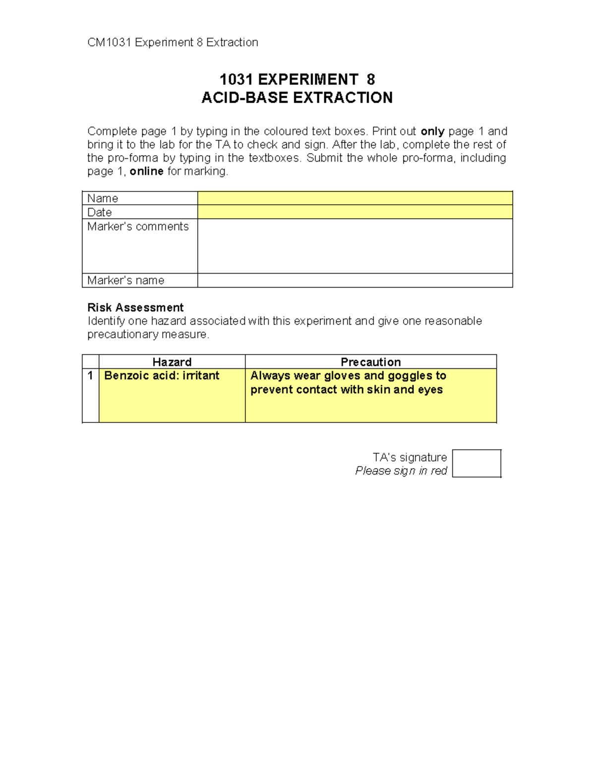 Acid Base titration EXPT 8 - CM1031 Experiment 8 Extraction 1031 ...