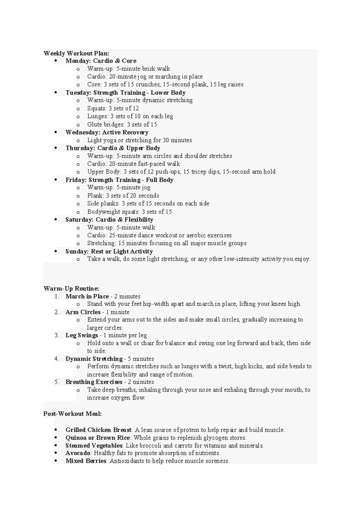 Weekly Workout Plan - Summary Design for Industry – Studio 1 (Habitats ...