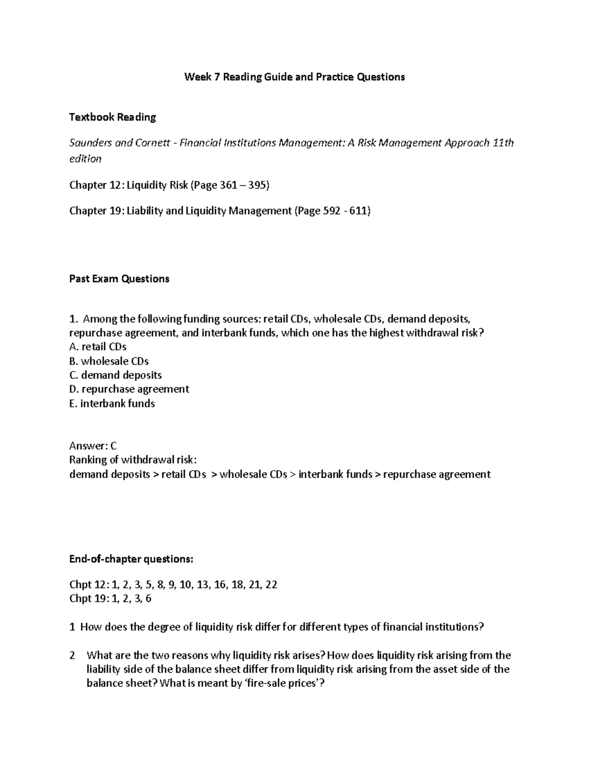 Week 7 Reading and Practice Questions - Liquidity Risk - Week 7 Reading ...