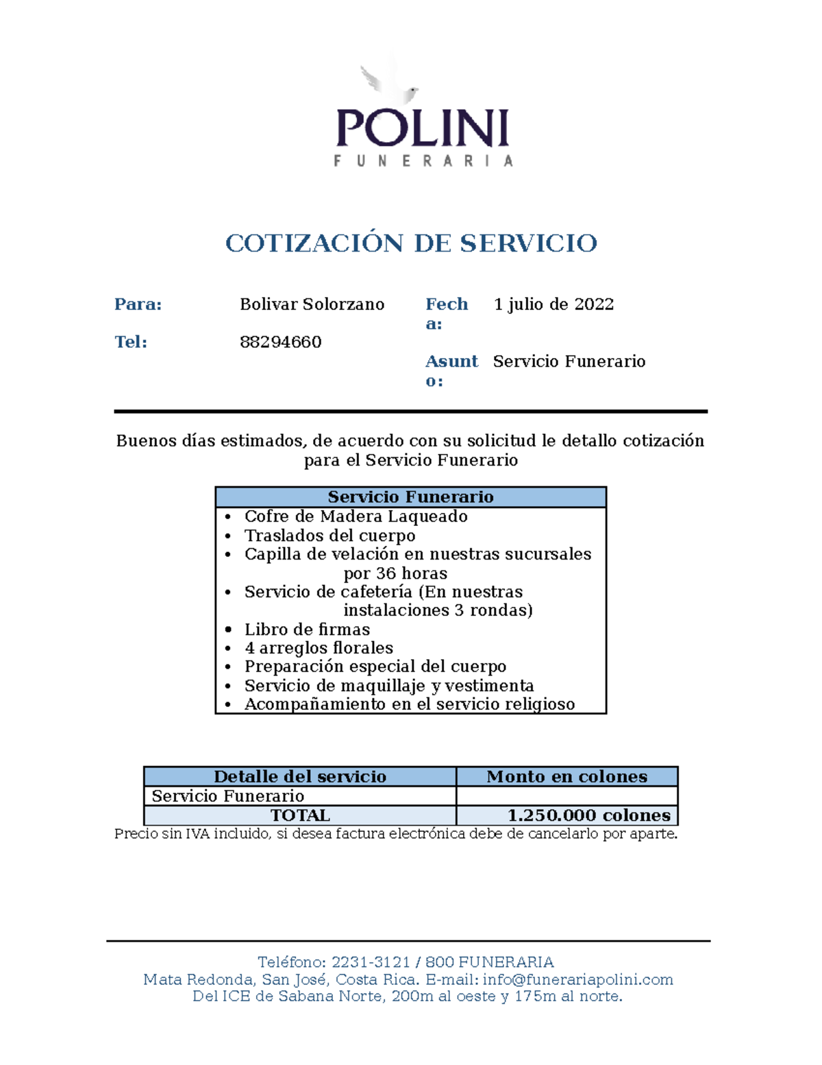 Cotización Servicio Funerario Bolivar Solorzano - COTIZACIÓN DE ...