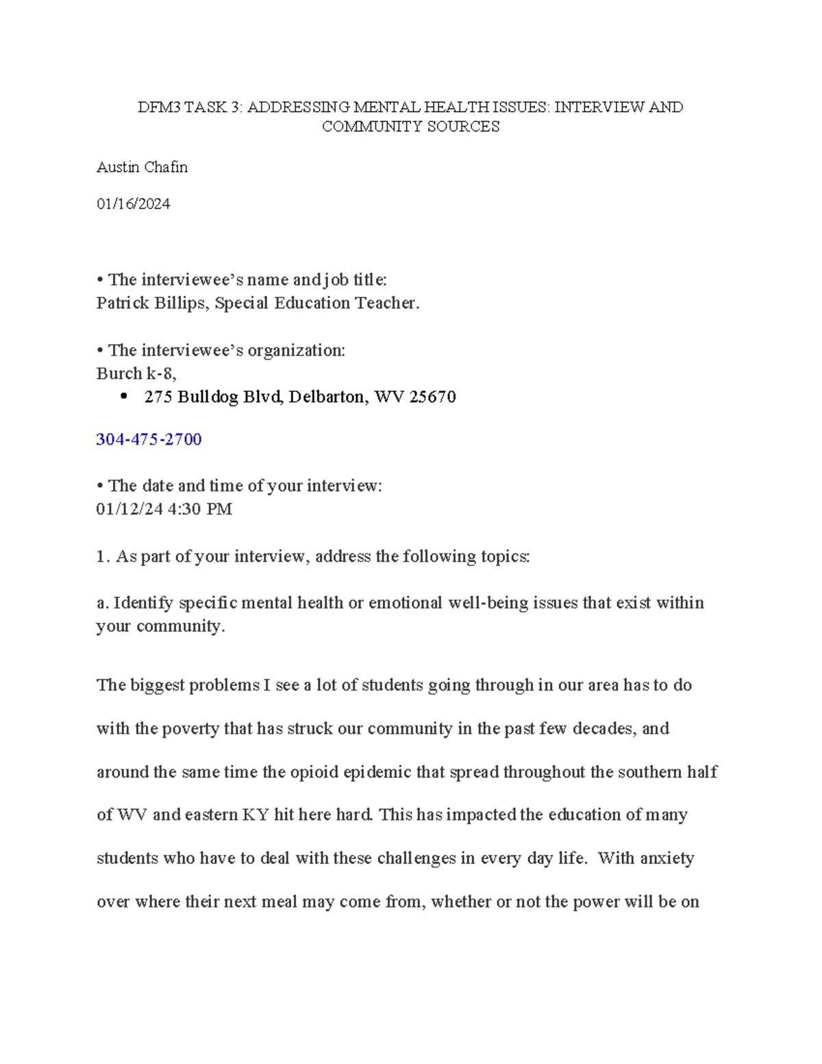 DFM3 TASK 3 Addressing Mental Health Issues Interview - DFM3 TASK 3: ADDRESSING MENTAL HEALTH ...