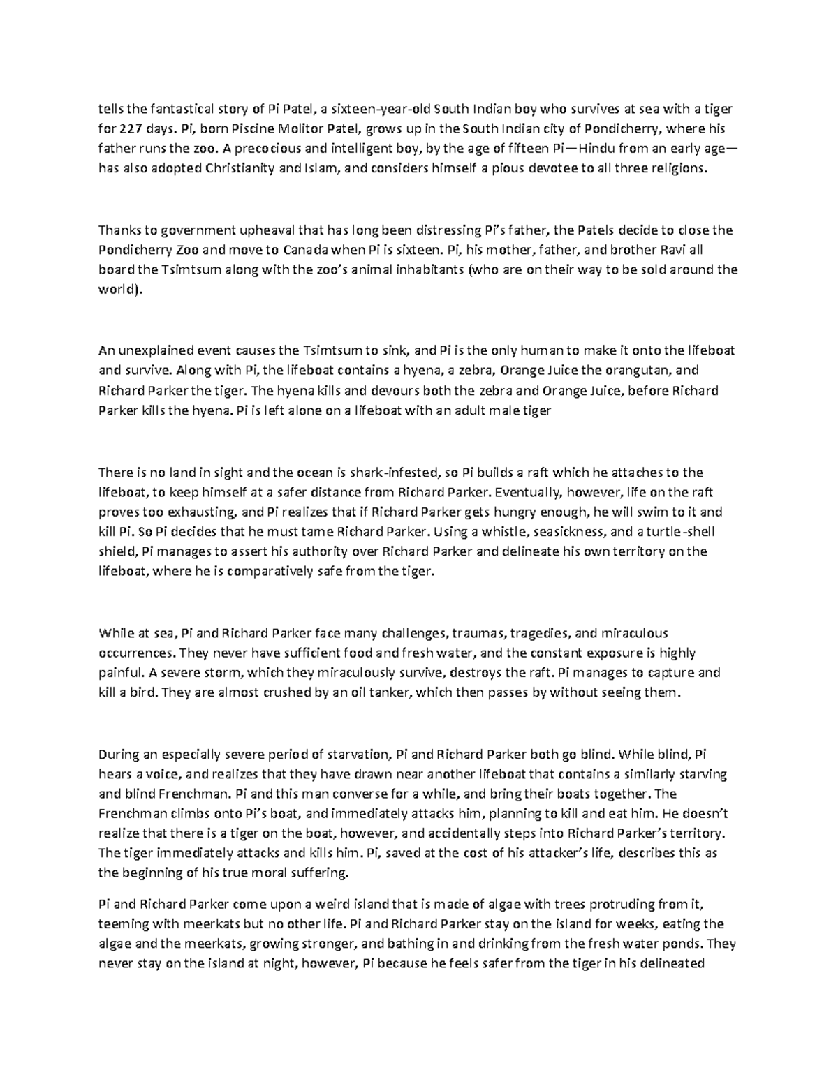 Life of Pi 1-11 - Life of Pi notes - tells the fantastical story of Pi ...