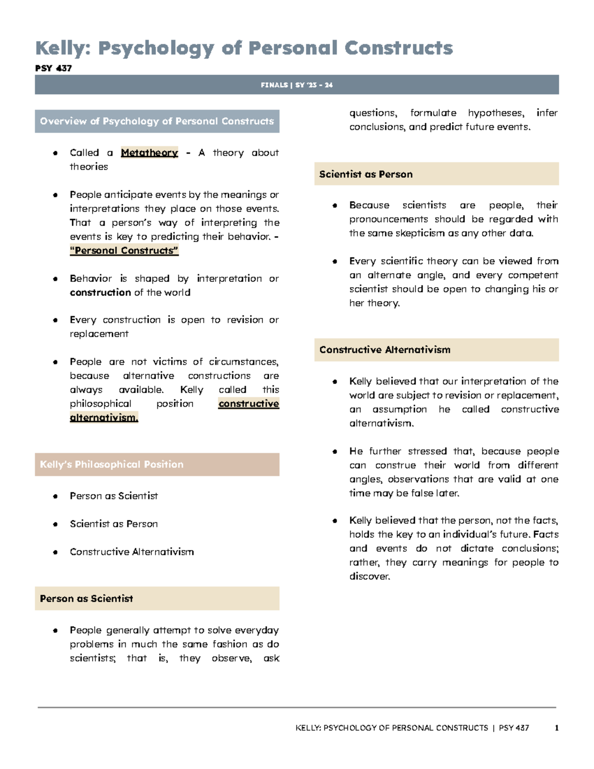 [ PSY 437 ] Kelly: Psychology of Personal Constructs - PSY 437 FINALS ...