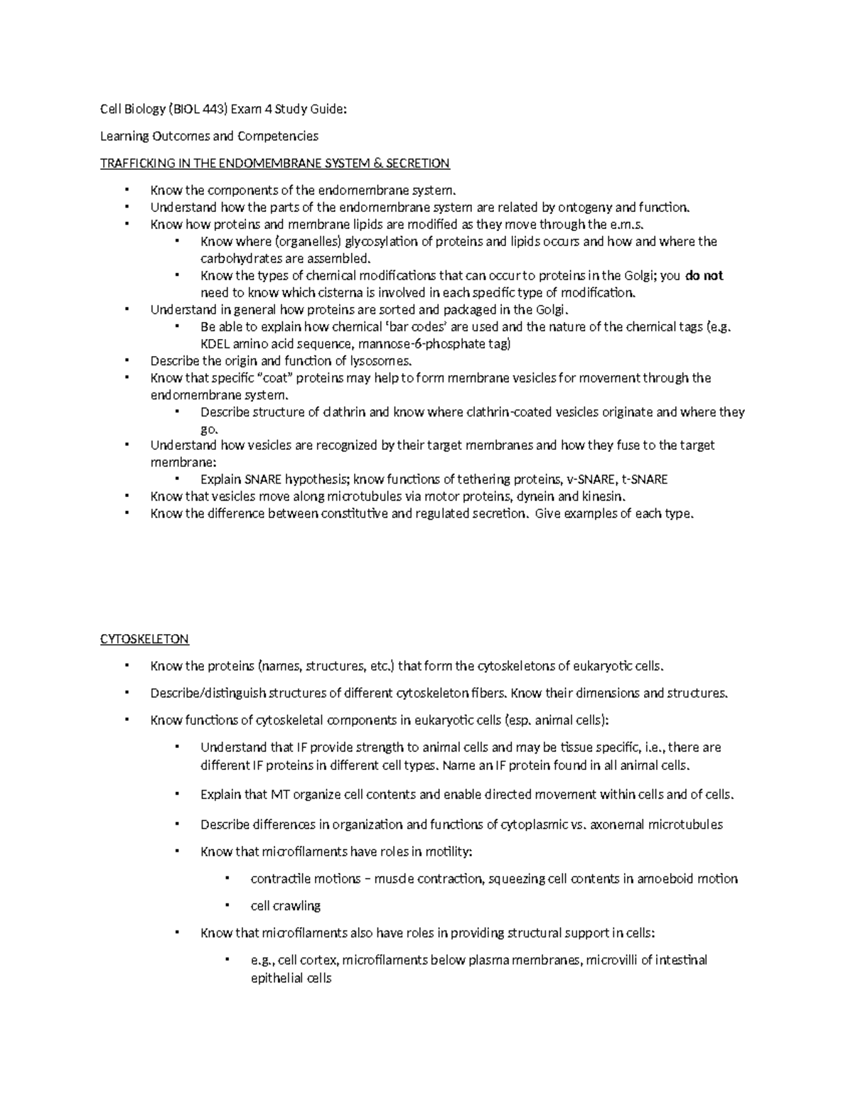 Cell Bio Exam 4 study guide - Cell Biology (BIOL 443) Exam 4 Study ...