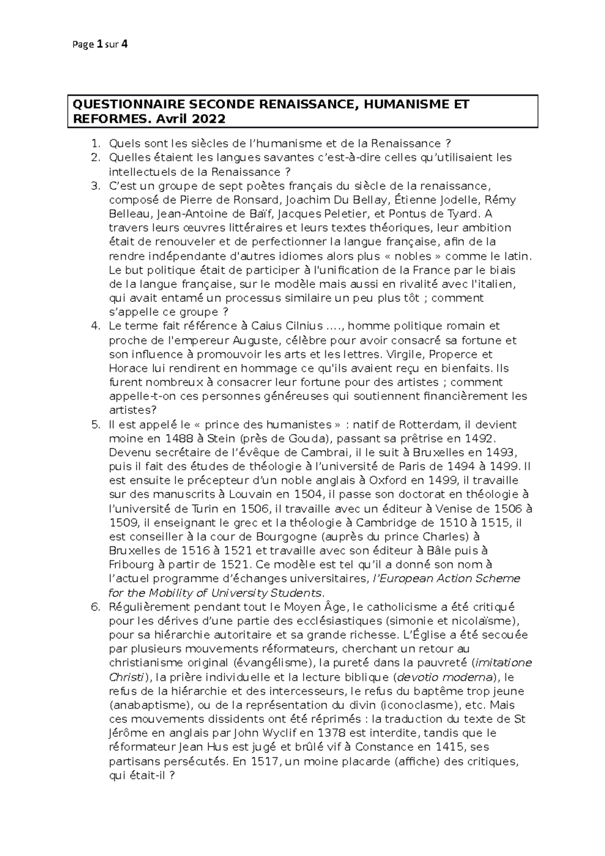 Questionnaire renai IND Seconde Renaissance - QUESTIONNAIRE SECONDE ...