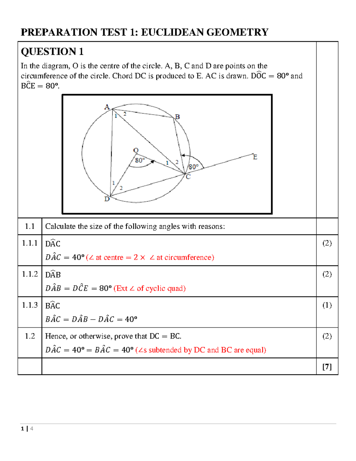 TERM 1 - Euclidean Geometry Preparation TEST Answers - PREPARATION TEST ...