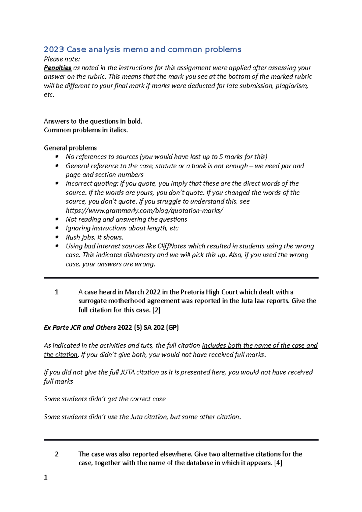 2023 Case analysis memo and common problems - 2023 Case analysis memo ...