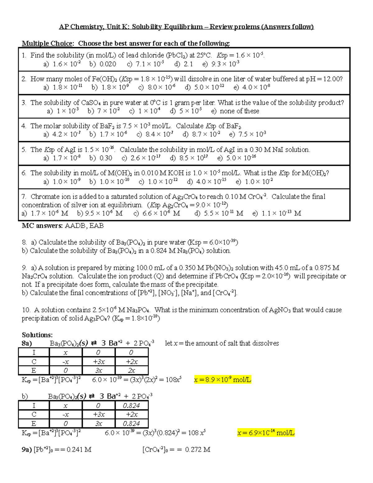 [UNIT K] Review - Chemistry Practice. - AP Chemistry, Unit K ...