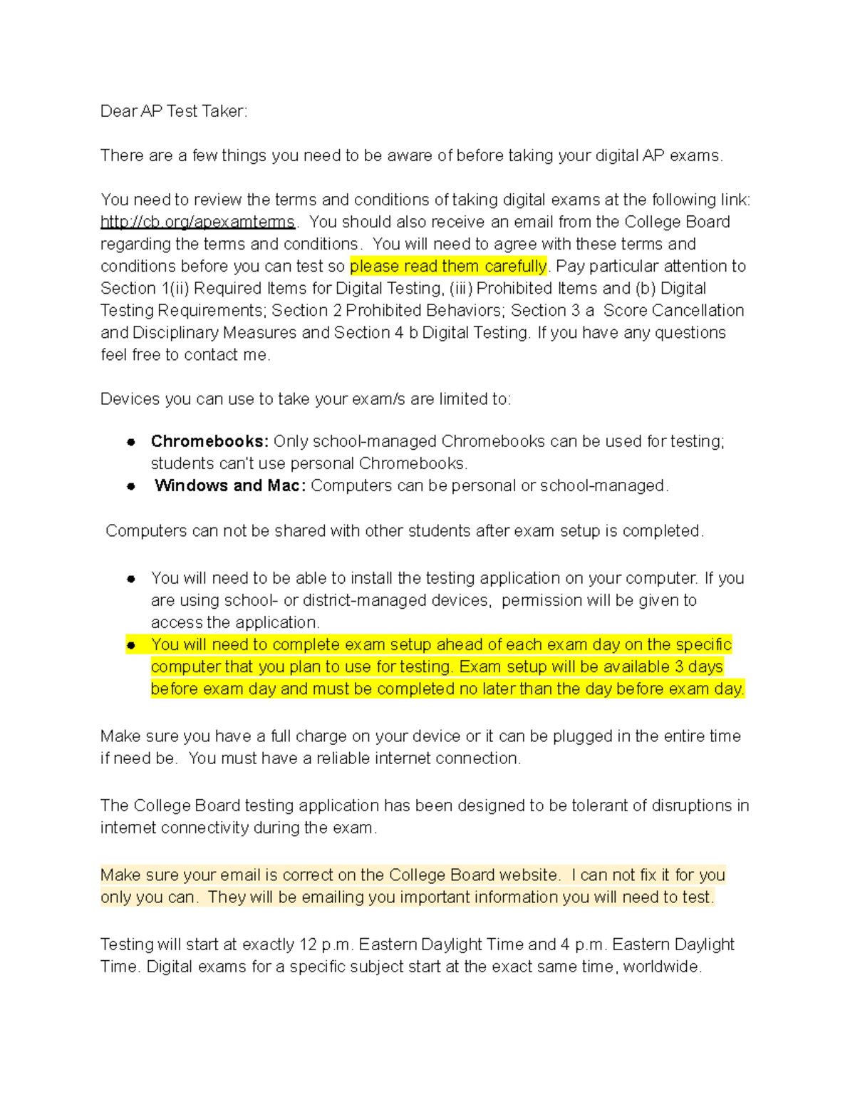 Digital Exam Important Information.(Student) 2021 - Dear AP Test Taker ...