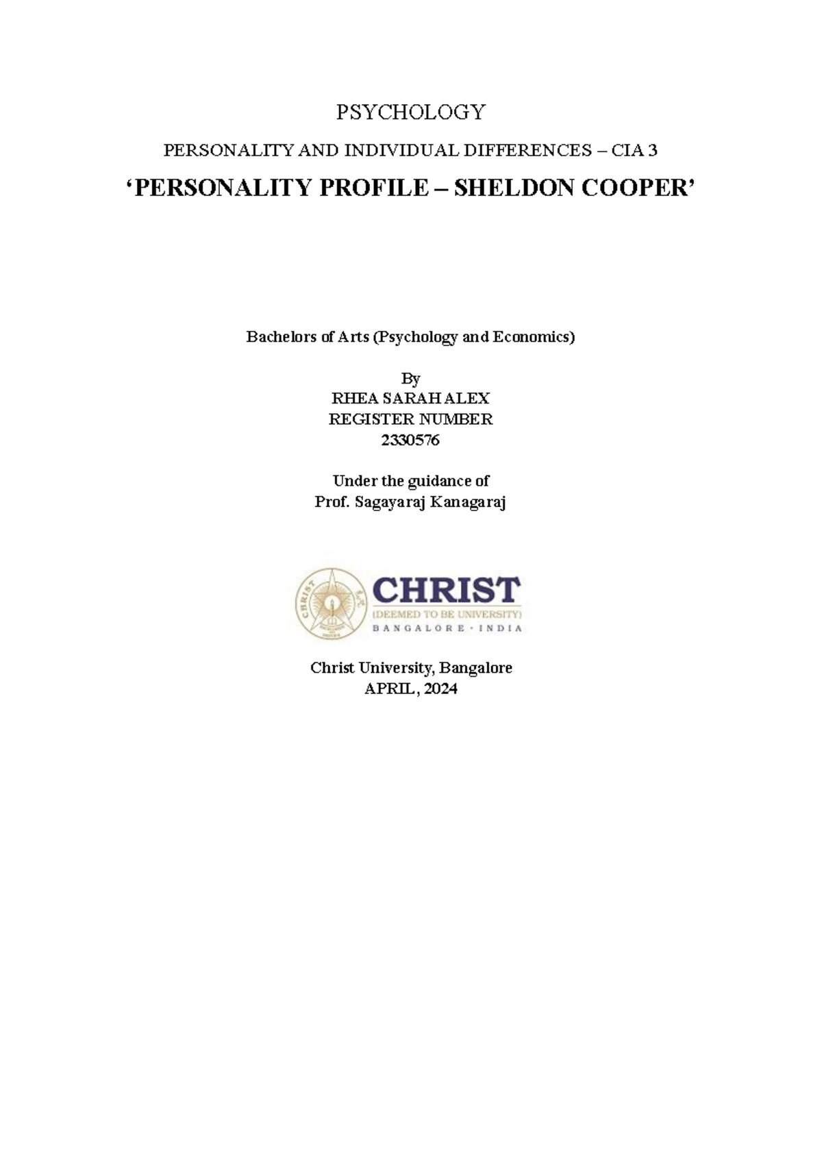 Psychology CIA 3 - PSYCHOLOGY PERSONALITY AND INDIVIDUAL DIFFERENCES ...
