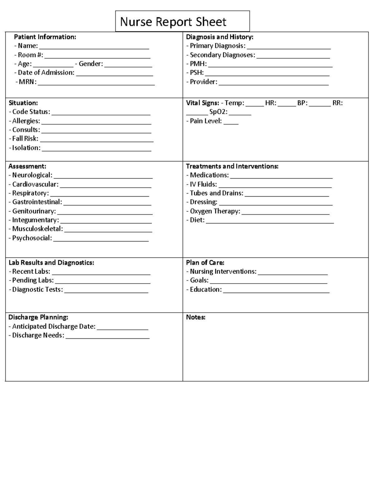 Build your own report sheet - Patient Information: Name ...
