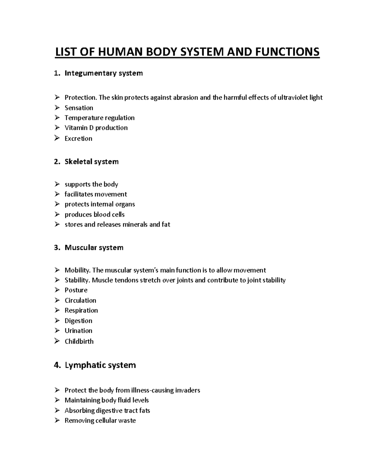 LIST OF Human BODY System AND Functions LIST OF HUMAN BODY SYSTEM AND