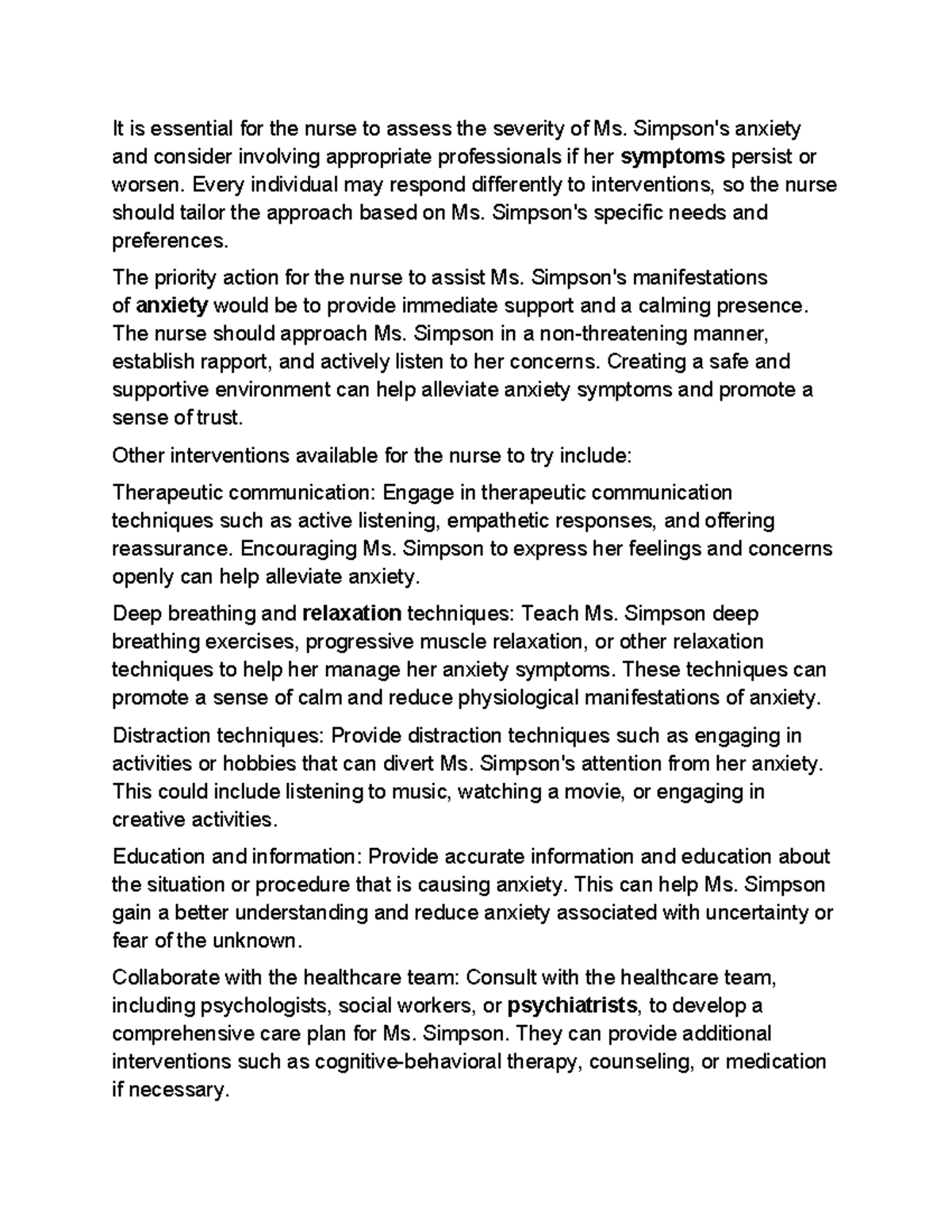 PSych - Case study about Anxiety on AtI - It is essential for the nurse ...