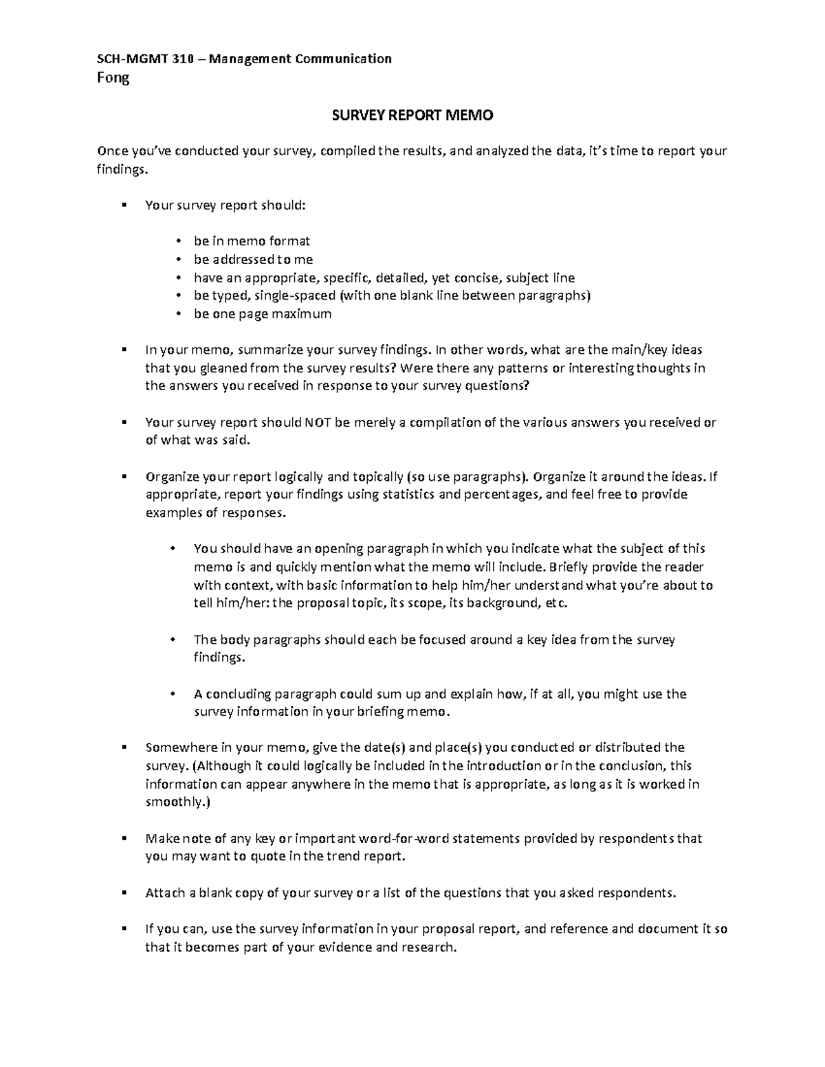 Survey Report Memo - Coursework - SCH-MGMT 310 – Management ...
