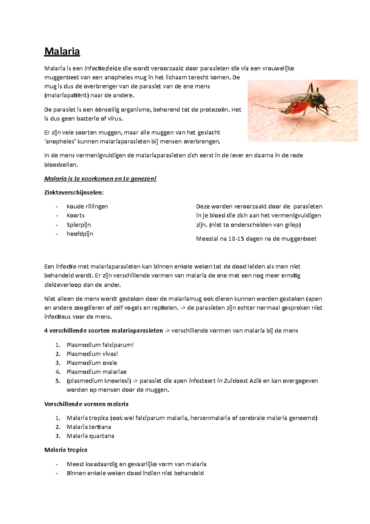 Malaria - Malaria Malaria is een infectieziekte die wordt veroorzaakt ...