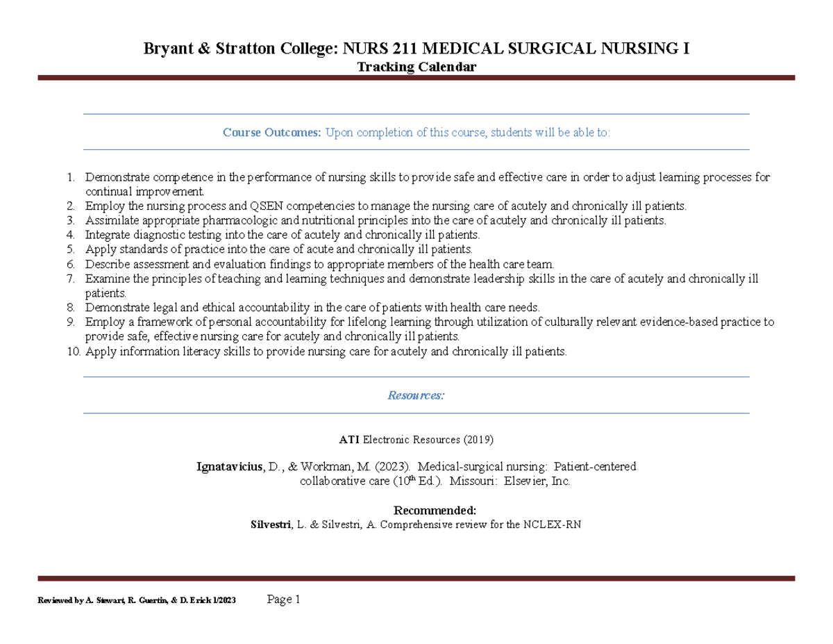 1 Nursing Tracker Calendar 211(1) 2 - Tracking Calendar Course Outcomes ...