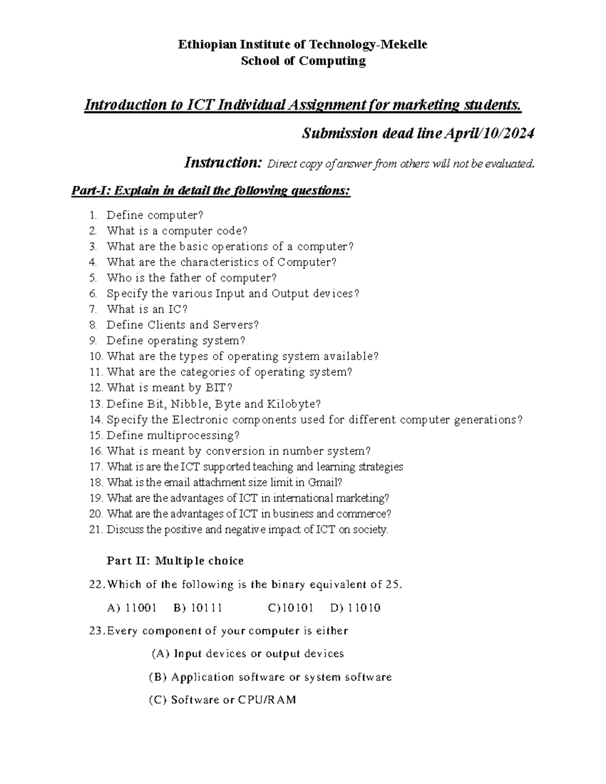 Introduction to computer - Ethiopian Institute of Technology-Mekelle ...