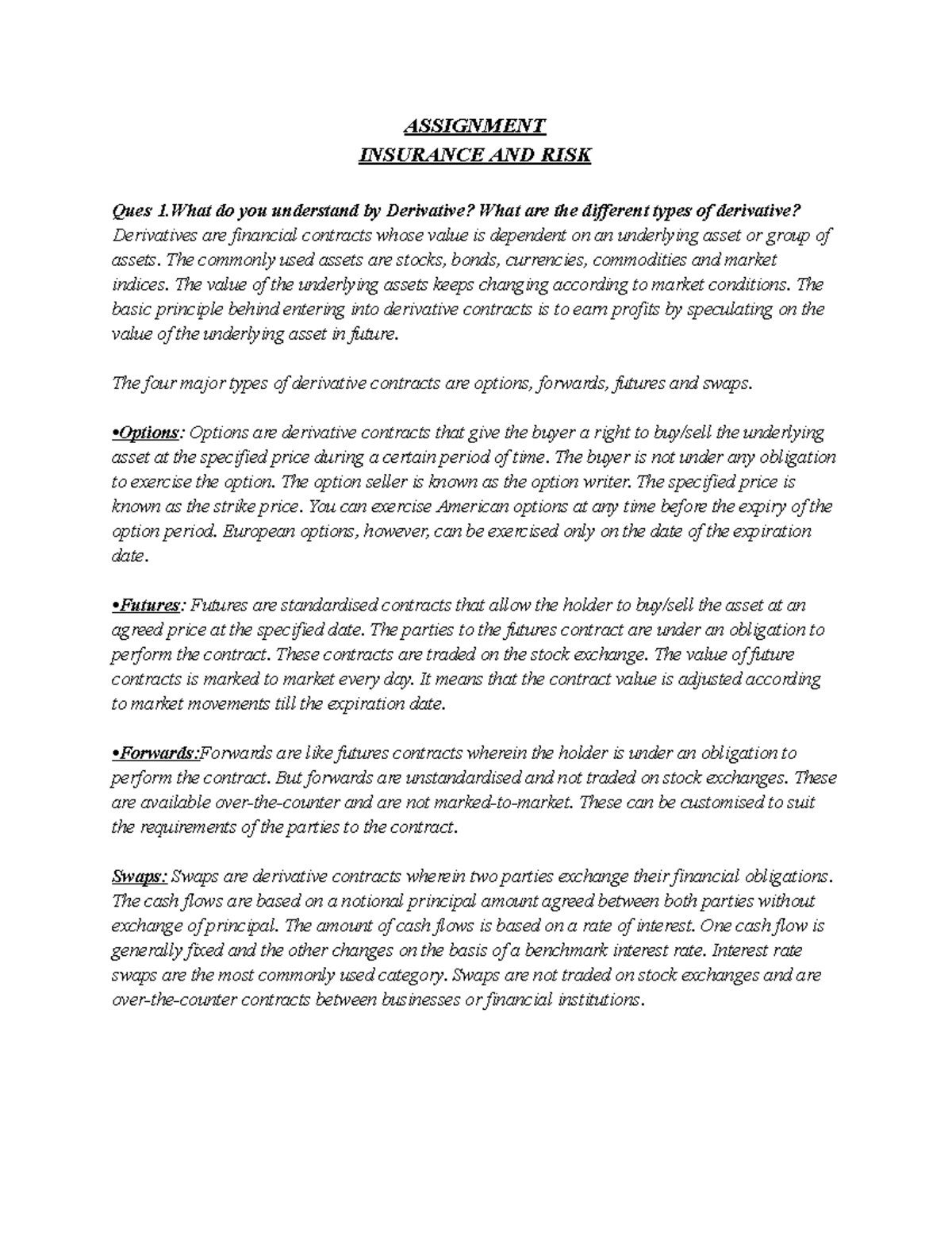 Assignment insurance - Risk Management Notes and CIA - ASSIGNMENT ...