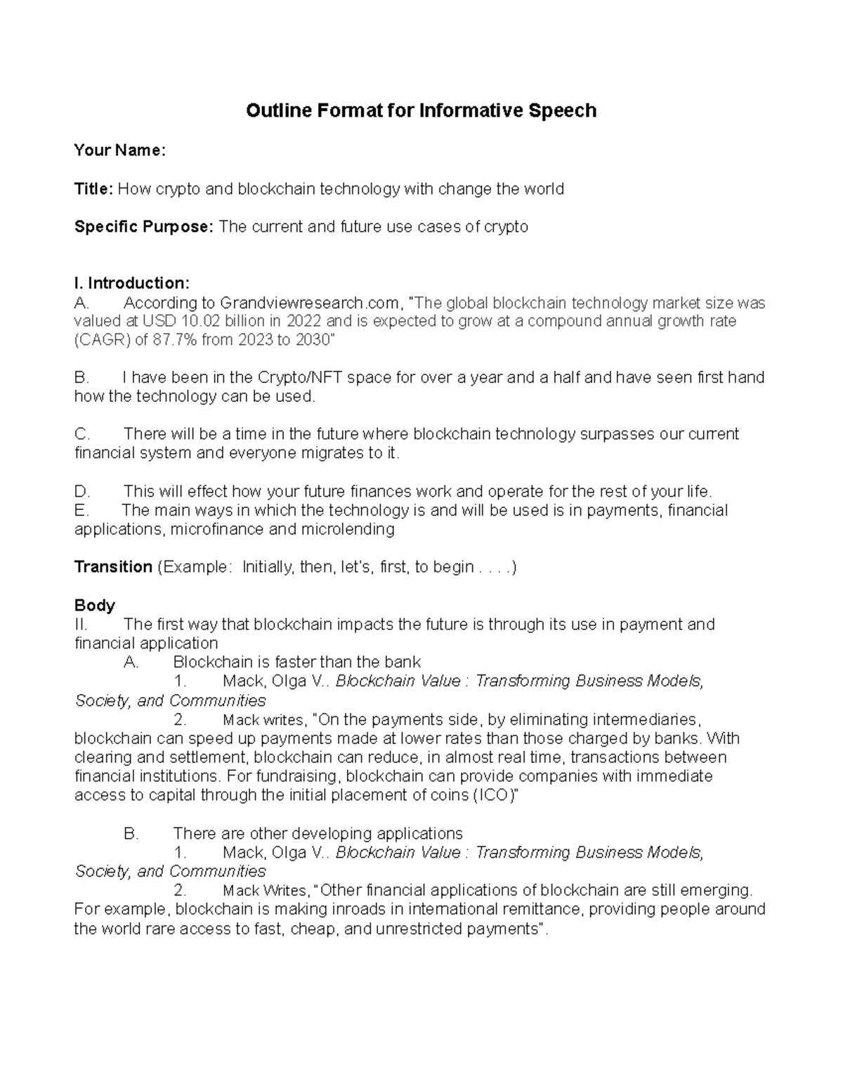 Informative speech outline template - Outline Format for Informative ...
