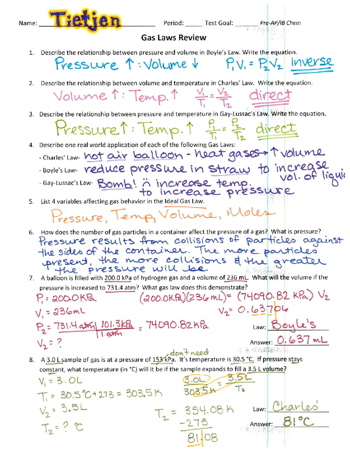 Review KEY Gas Laws 2022-23 - Name: Tietjen Period: Test Goal: Chem Gas ...